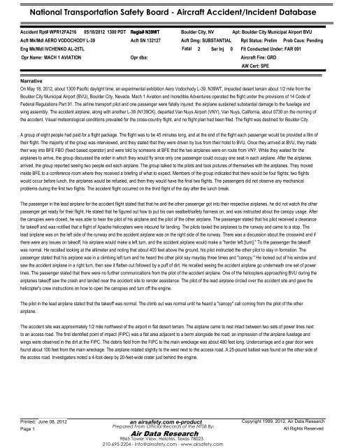 National Transportation Safety Board - Aircraft Accident/Incident Database