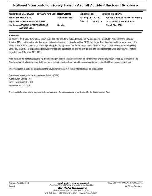 National Transportation Safety Board - Aircraft Accident/Incident Database