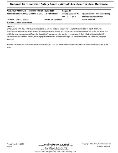 National Transportation Safety Board - Aircraft Accident/Incident Database