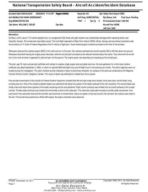 National Transportation Safety Board - Aircraft Accident/Incident Database
