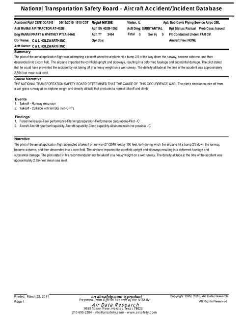 National Transportation Safety Board - Aircraft Accident/Incident Database