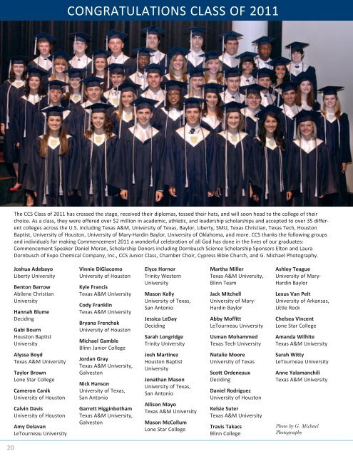 CoNGRaTUlaTIoNS ClaSS of 2011