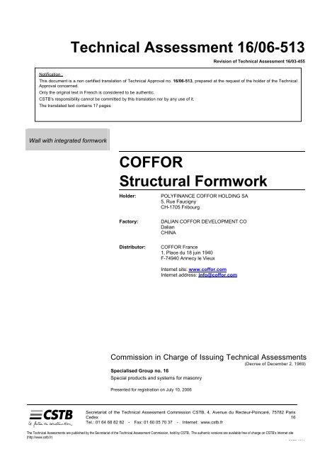 Technical Assessment 16/06-513 COFFOR Structural Formwork