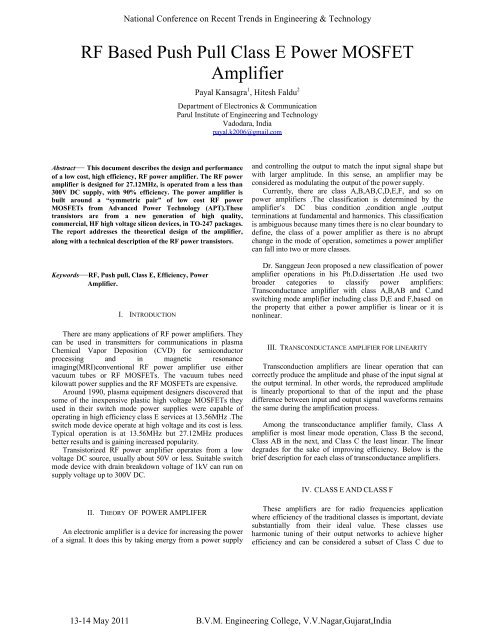 RF Based Push Pull Class E Power MOSFET Amplifier