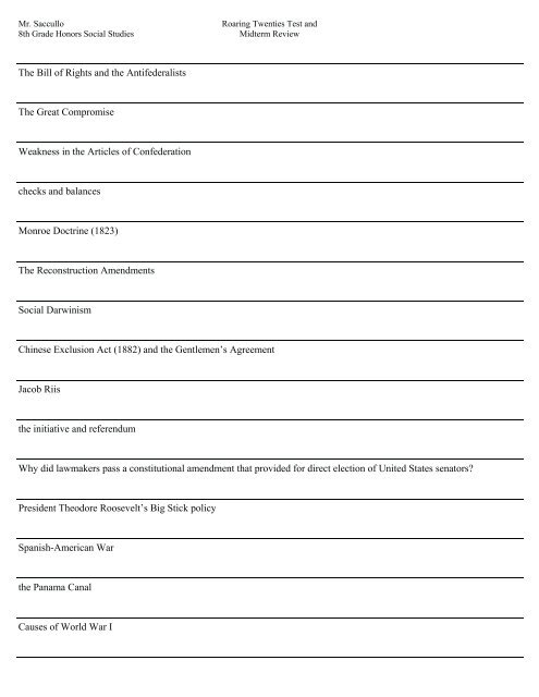 Roaring 20s honors test review sheet 2008 - Your History Site