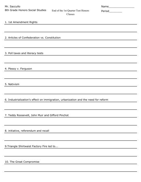 1st Quarter Test Review Sheet Honors - Your History Site