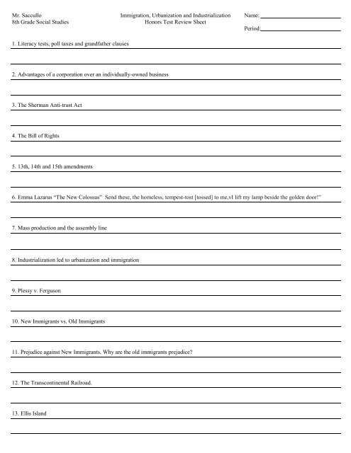 Test Review Sheet Regents Due Tuesday 10/11 - Your History Site