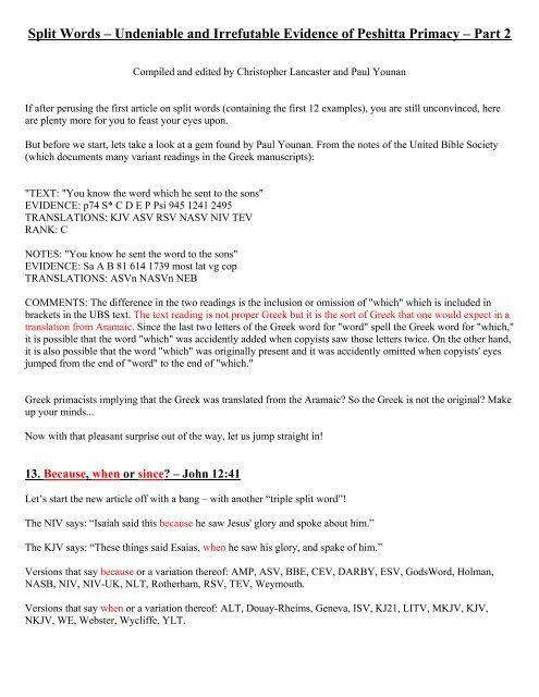 Split Words - Peshitta Aramaic/English Interlinear New Testament