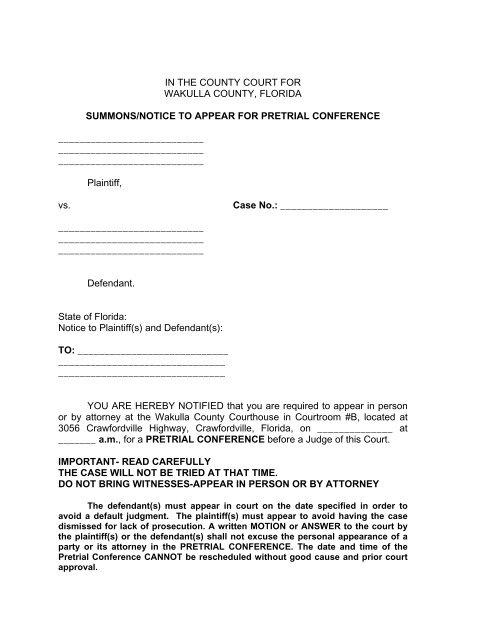 Summons/Notice To Appear for Pretrial Conference Summons/Notice To Appear for Pretrial Conference