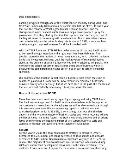 Dear Shareholders: - NorthSide Community Bank