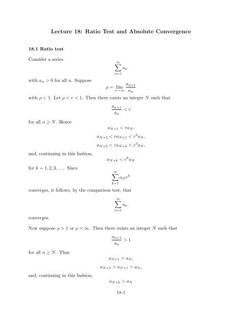 Lecture 18 Ratio Test and Absolute Convergence