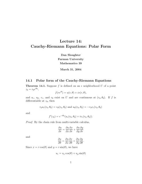 Lecture 14 Cauchy-Riemann Equations Polar Form Lecture 14 Cauchy-Riemann Equations Polar Form