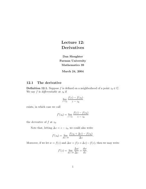 Lecture 12 Derivatives