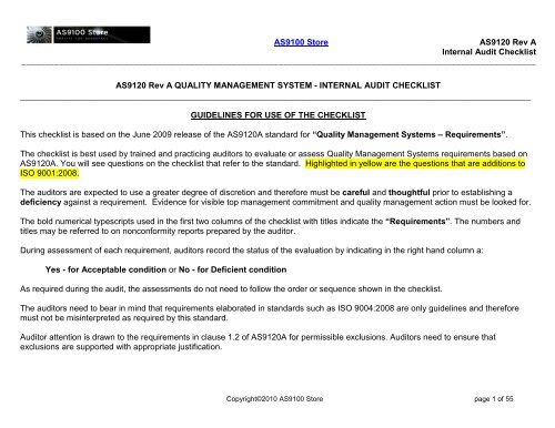 AS9100 Store AS9120 Rev A Internal Audit Checklist
