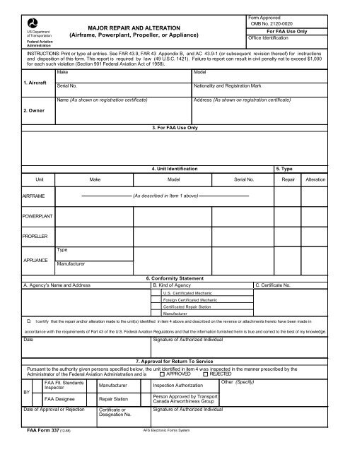 MAJOR REPAIR AND ALTERATION (Airframe Powerplant Propeller or Appliance)