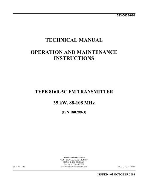 TECHNICAL MANUAL OPERATION AND MAINTENANCE INSTRUCTIONS