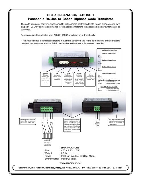 SCT-100-PANASONIC-BOSCH Panasonic RS-485 to Bosch Biphase Code Translator