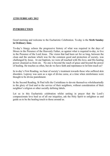 INTRODUCTION Good morning and welcome to the Eucharistic ...
