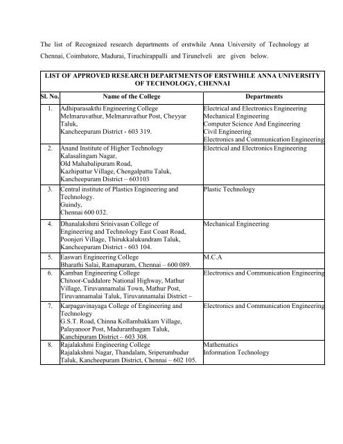 The list of Recognized research departments of ... - Anna University