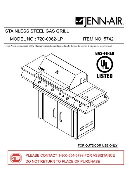STAINLESS STEEL GAS GRILL MODEL NO. 720-0062-LP ITEM NO 57421