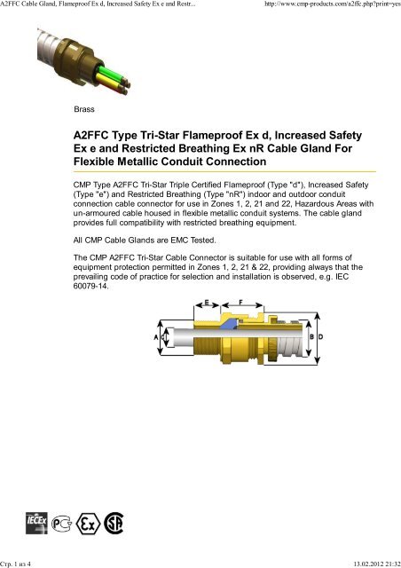 A2FFC Cable Gland, Flameproof Ex d, Increased Safety Ex e and ...