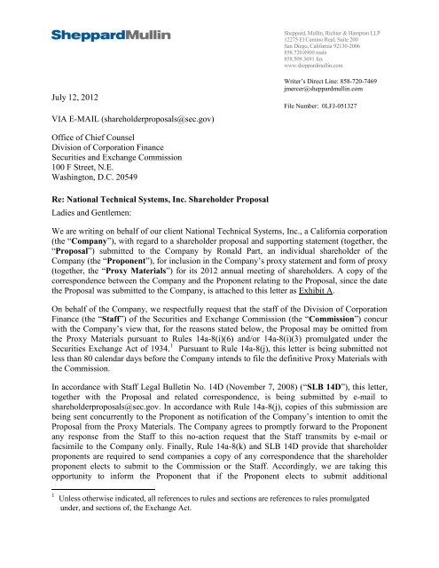 National Technical Systems, Inc.; Rule 14a-8 no-action letter