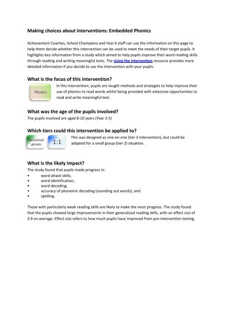 Making choices about interventions: Embedded Phonics ... - CUREE