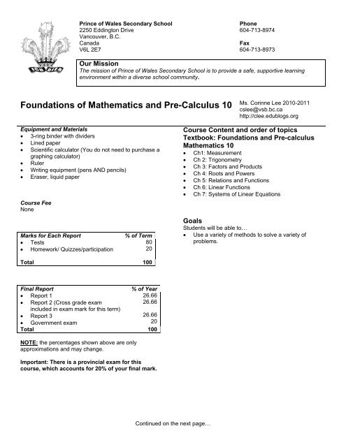 Foundations of Mathematics and Pre-Calculus 10