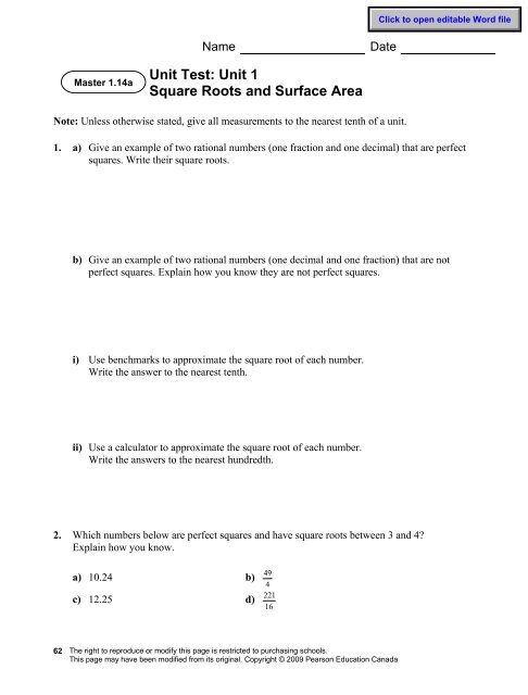 Unit Test Unit 1 Square Roots and Surface Area