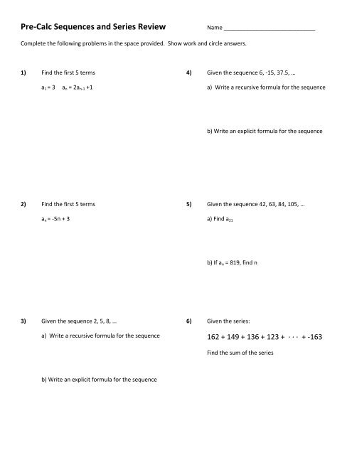 Pre-Calc Sequences and Series Review