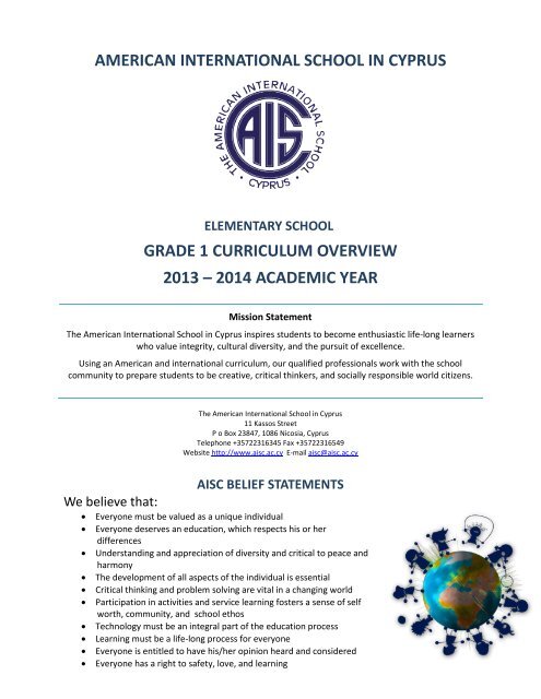 Curriculum Overview Grade 1 - The American International School ...