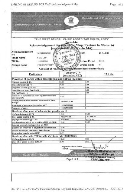 EIFILING OF RETURN FOR VAT- Acknowledgement Slip. Page 1 of 2