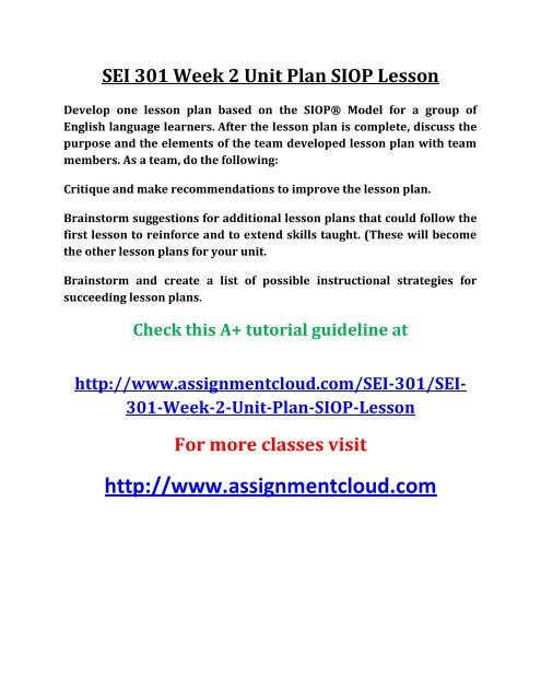 SEI 301 Week 2 Unit Plan SIOP Lesson