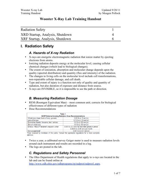 safety training handout - The X-ray Lab at The College of Wooster