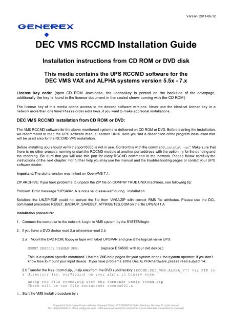 DEC VMS RCCMD Installation Guide Installation ... - Generex GmbH
