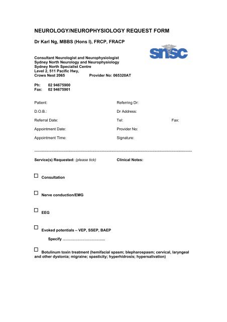 NEUROLOGY/NEUROPHYSIOLOGY REQUEST FORM