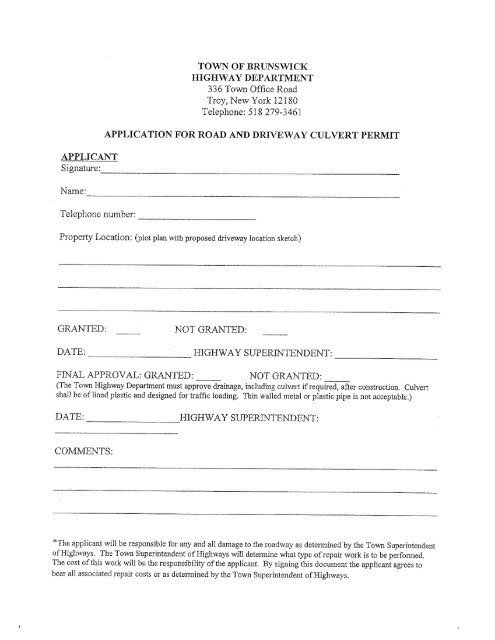 Application for Road and Driveway Culvert Permit - Town of Brunswick