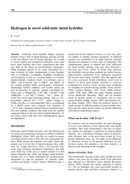 Hydrogen in novel solid-state metal hydrides - Université de Genève