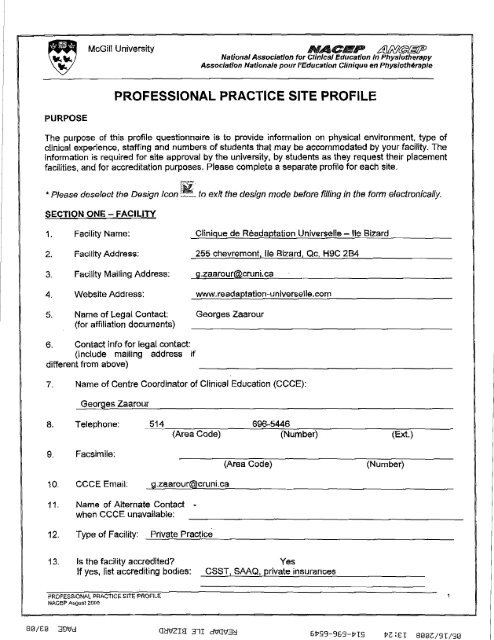 PROFESSIONAL PRACTICE SITE PROFILE - McGill University