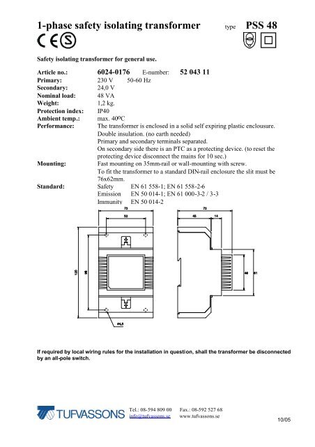 1 Phase Safety Isolating Transformer Pss 48