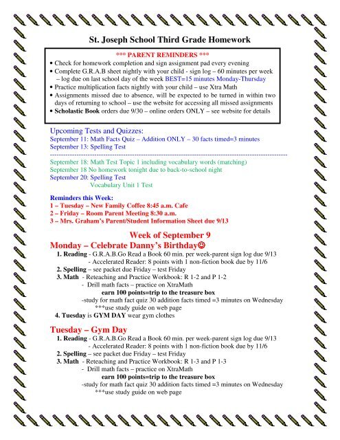 St. Joseph School Third Grade Homework Week of September 9 ...