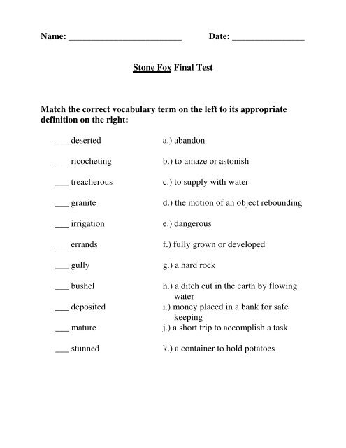 Stone Fox Final Test Match the correct ... - St Joseph School