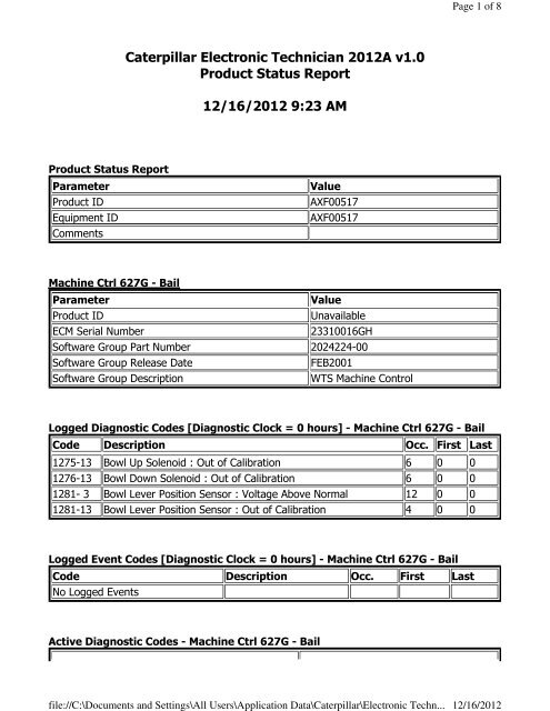 Caterpillar Electronic Technician 2012A v1.0 Product Status Report ...