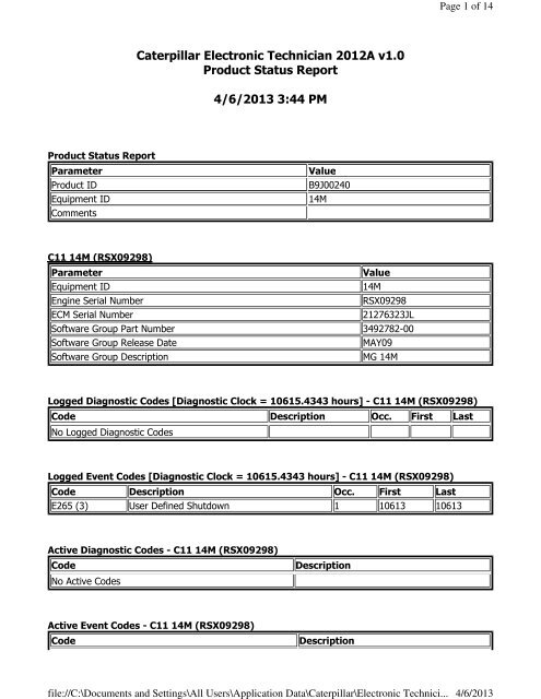 Caterpillar Electronic Technician 2012A v1.0 Product Status Report ...