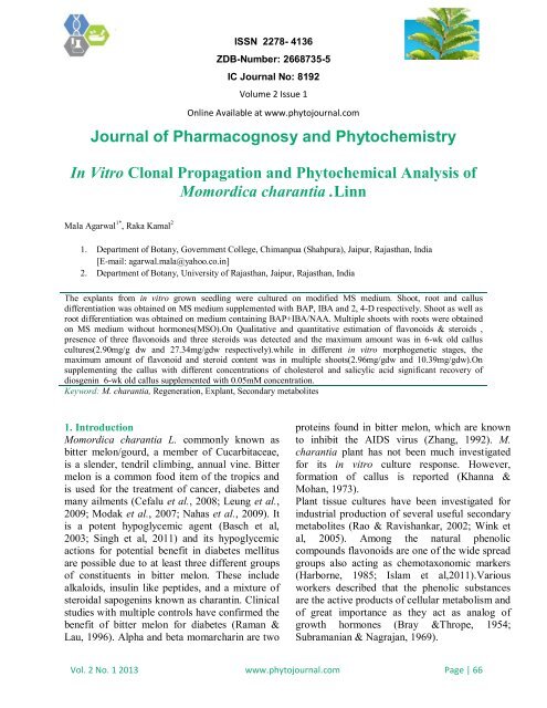 In Vitro Clonal Propagation and Phytochemical Analysis of ...