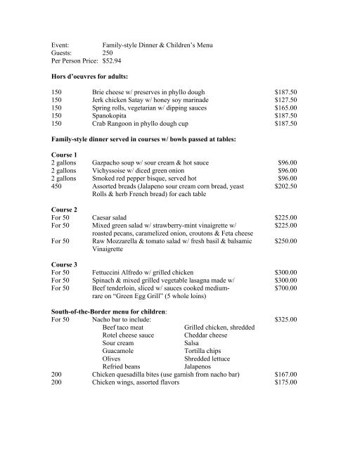 3-Course Meal served family-style w/separate kids' menu