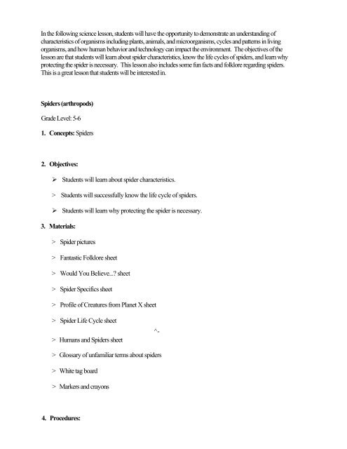 Spiders PDF - K-6 Elementary Education Lesson Plans - Teacher ...