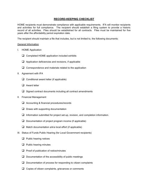 RECORD-KEEPING CHECKLIST - Iowa Finance Authority