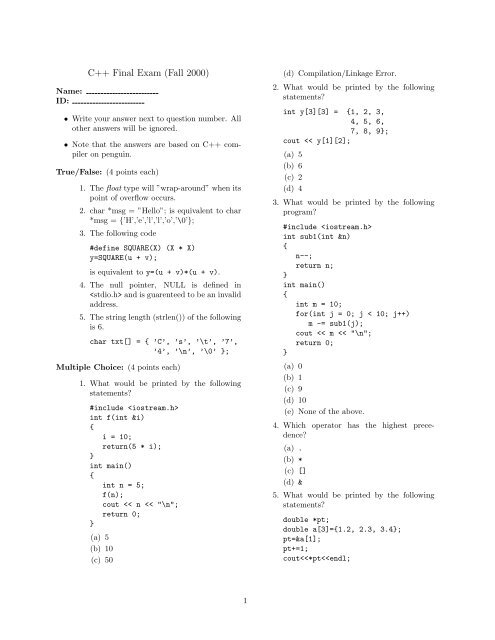 C++ Final Exam (Fall 2000)
