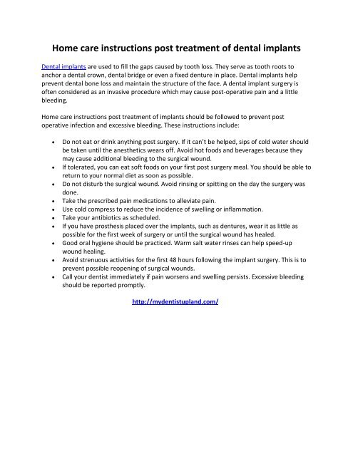 Home Care Instructions Post Treatment of Dental Implants